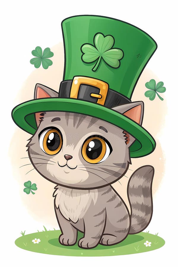 Cute Cat Wearing Green Hat with Clover Generative AI Stock Illustration ...