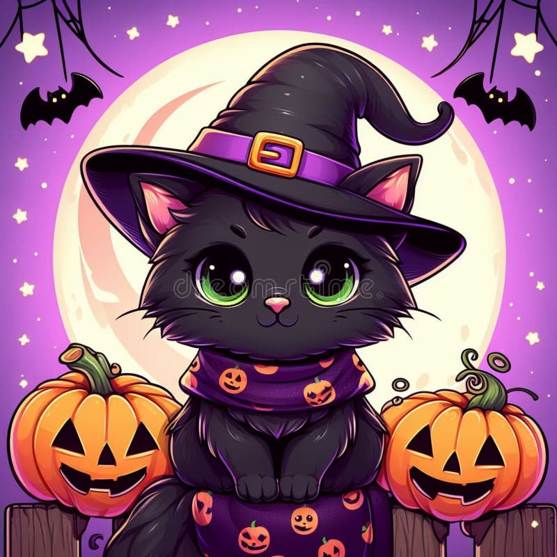Cute Cat in Witch Hat on the Moon. Vector Illustration Stock ...