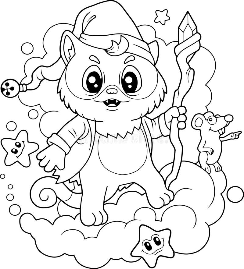 Cute Cat Wizard, Coloring Book, Funny Illustration Stock Vector ...