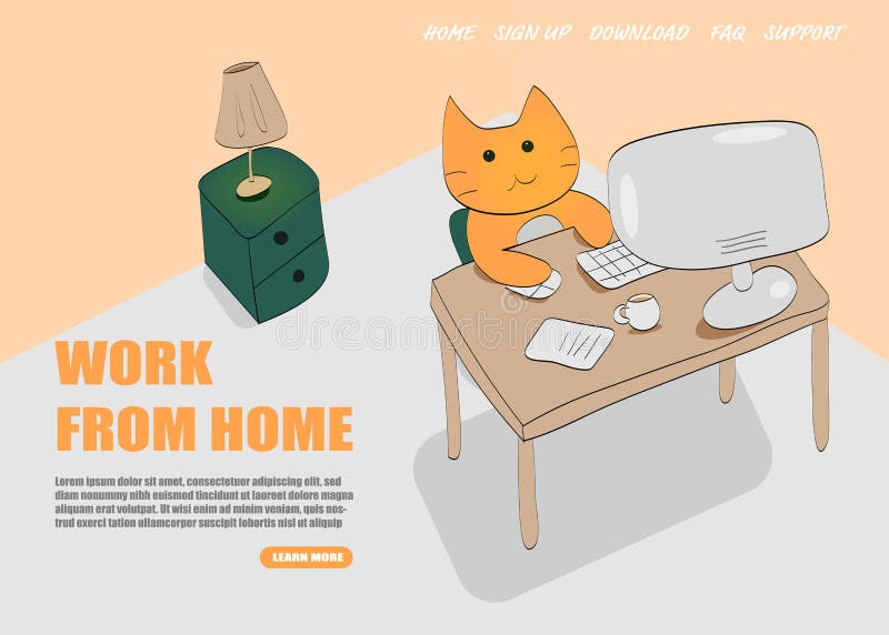 Cute cat work from home stock illustration. Illustration of text ...