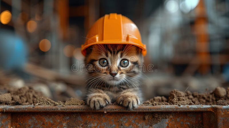 A Cute Cat is a Worker in an Orange Helmet. a Little Furry Engineer at ...