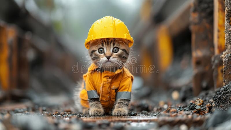 A Cute Cat is a Worker in an Orange Helmet. a Little Furry Engineer at ...