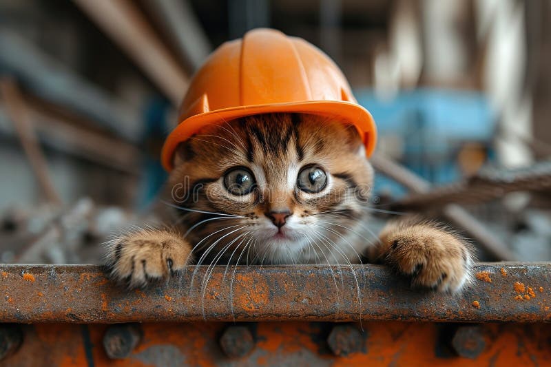 A Cute Cat is a Worker in an Orange Helmet. a Little Furry Engineer at ...