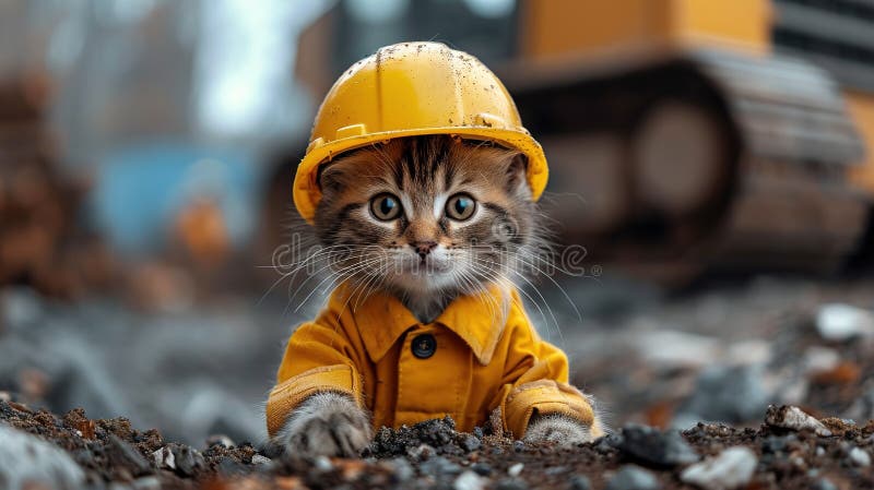 A Cute Cat is a Worker in an Orange Helmet. a Little Furry Engineer at ...