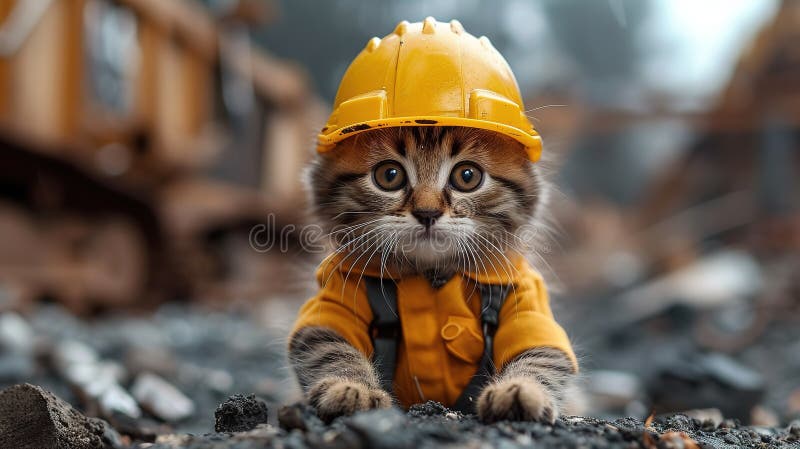 A Cute Cat is a Worker in an Orange Helmet. a Little Furry Engineer at ...