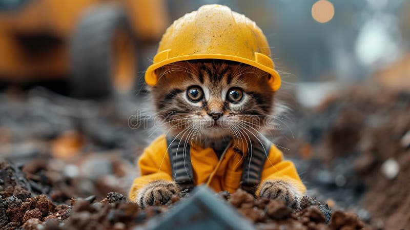 A Cute Cat is a Worker in an Orange Helmet. a Little Furry Engineer at ...