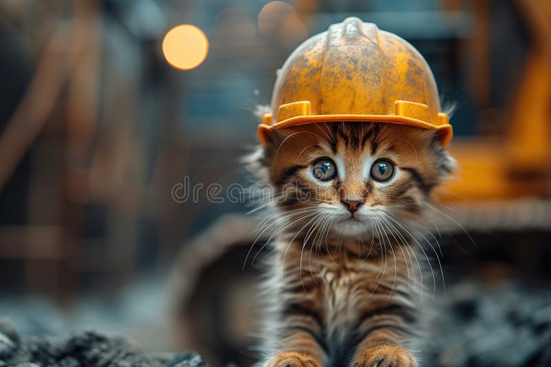 A Cute Cat is a Worker in an Orange Helmet. a Little Furry Engineer at ...