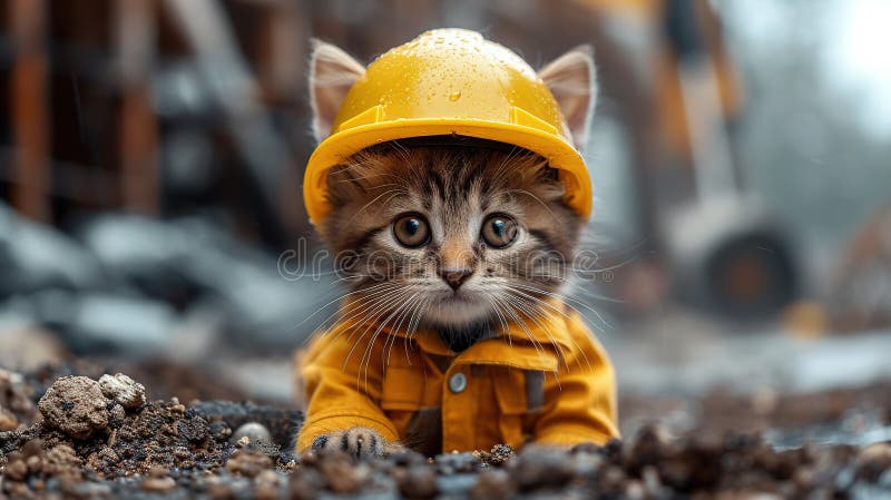A Cute Cat is a Worker in an Orange Helmet. a Little Furry Engineer at ...