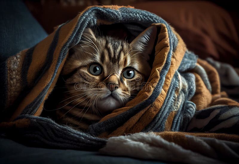 Cute Cat Wrapped in a Blanket To Keep Warm. Stock Illustration ...