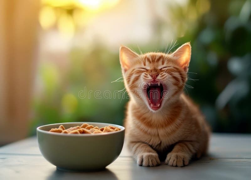 A Cute Cat Yawning and Looking at Food Bowl. Stock Image - Image of ...