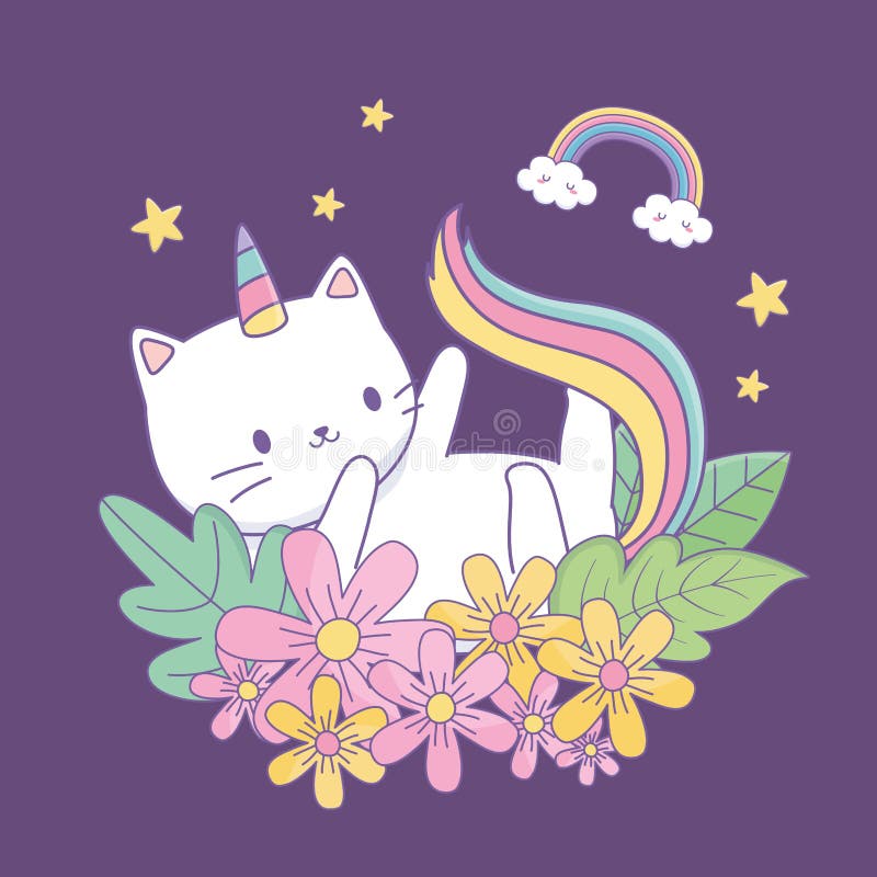 Cute Caticorn with Floral Decoration Stock Vector - Illustration of ...