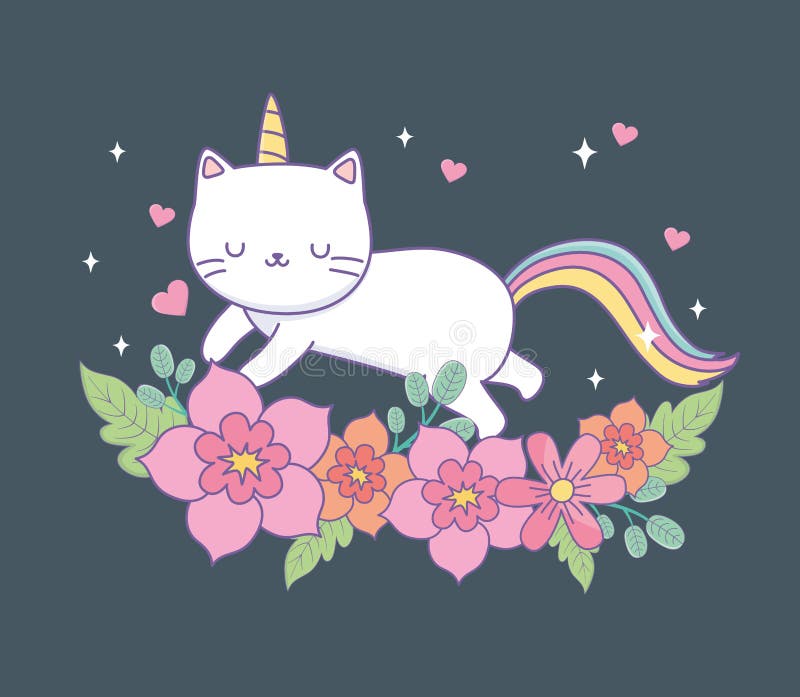 Cute Caticorn with Floral Decoration Stock Vector - Illustration of ...