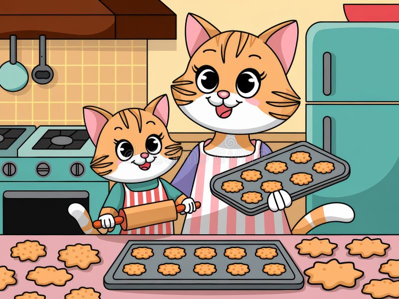 Cute Cats Baking Cookies Together in a Playful Kitchen Setting Stock ...