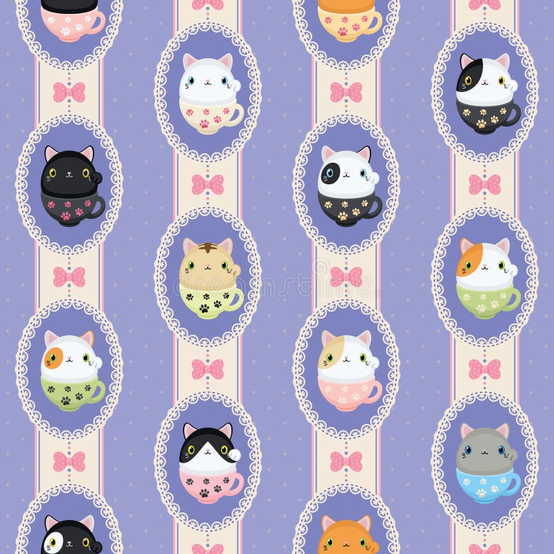 Cute Cats in Laced Frames. Vector Retro Pattern Polka Dots and Stripes ...