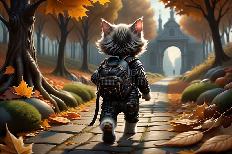 Cute Cats Students Go To School with Backpacks, Autumn. Stock Image ...