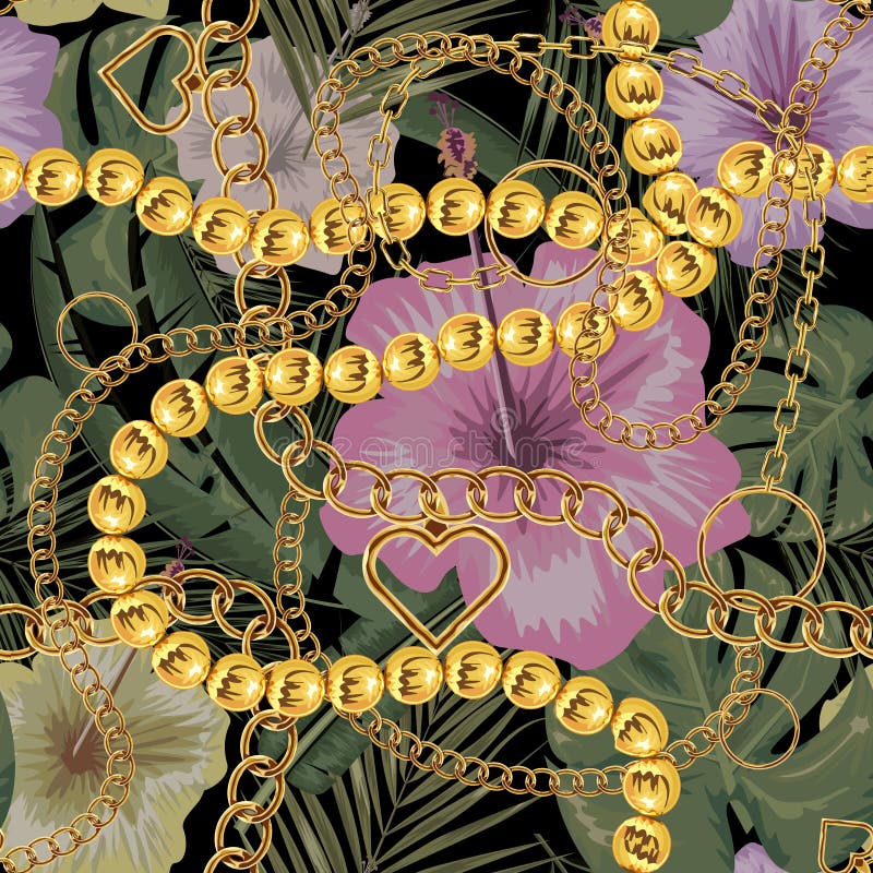 Cute Chain Texture Seamless with Tropical Flower and Leaf Pattern. Flat ...