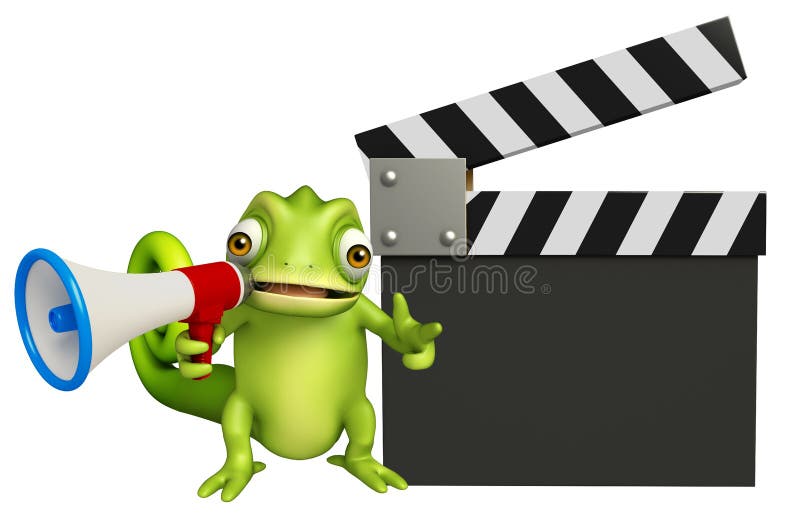 Cute Chameleon Cartoon Character with Loudspeaker and Clapper Stock ...