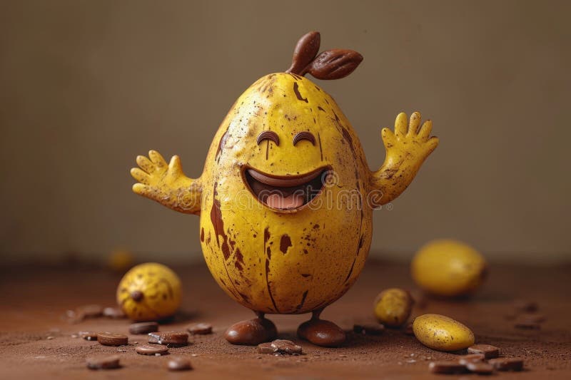 The Cute Character of the Cartoon Smiling Cocoa Bean Waves His Hands ...