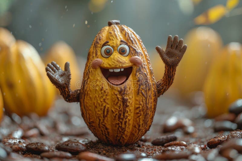 The Cute Character of the Cartoon Smiling Cocoa Bean Waves His Hands ...