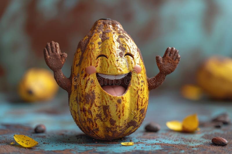 The Cute Character of the Cartoon Smiling Cocoa Bean Waves His Hands ...