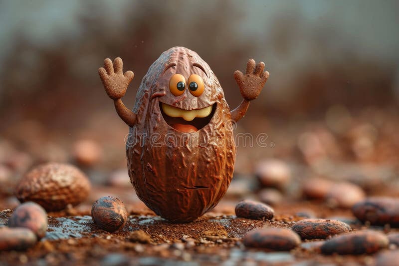 The Cute Character of the Cartoon Smiling Cocoa Bean Waves His Hands ...