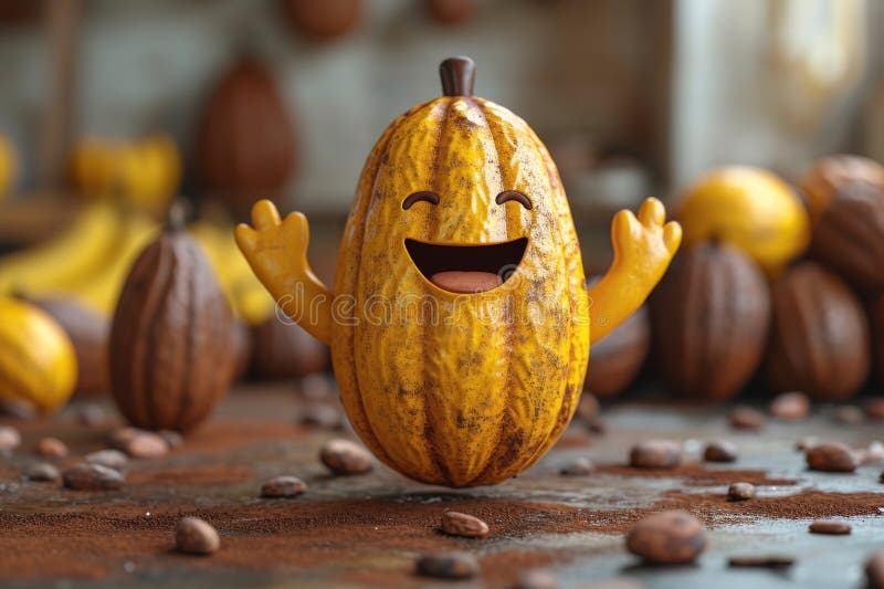 The Cute Character of the Cartoon Smiling Cocoa Bean Waves His Hands ...