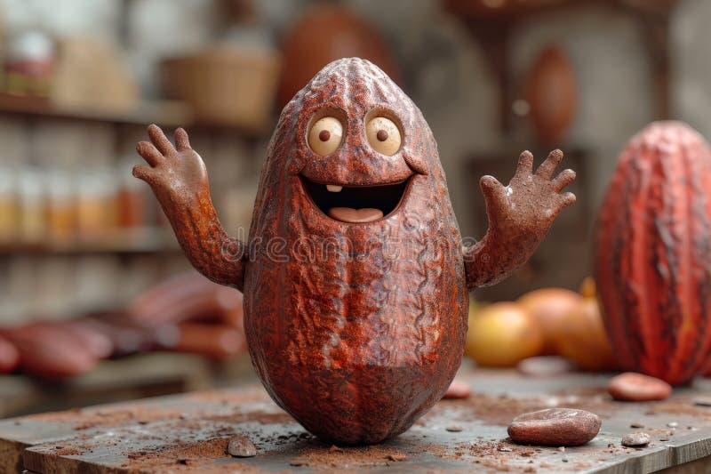 The Cute Character of the Cartoon Smiling Cocoa Bean Waves His Hands ...