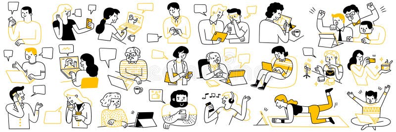 Many People Using Digital Gadget Doodle Set Stock Vector - Illustration ...