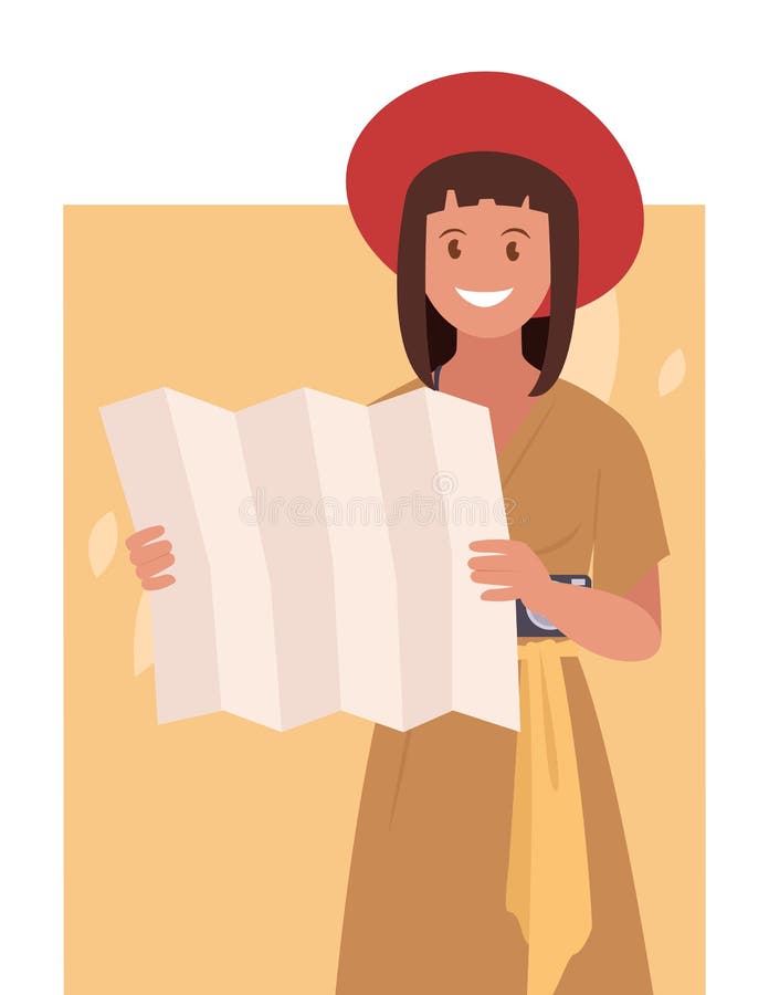 A Cute Character is a Female Tourist Holding a Map. Vector Illustration ...