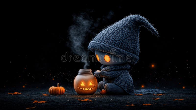 Cute Character in a Wizard Hat Brewing Potion with a Pumpkin Stock ...