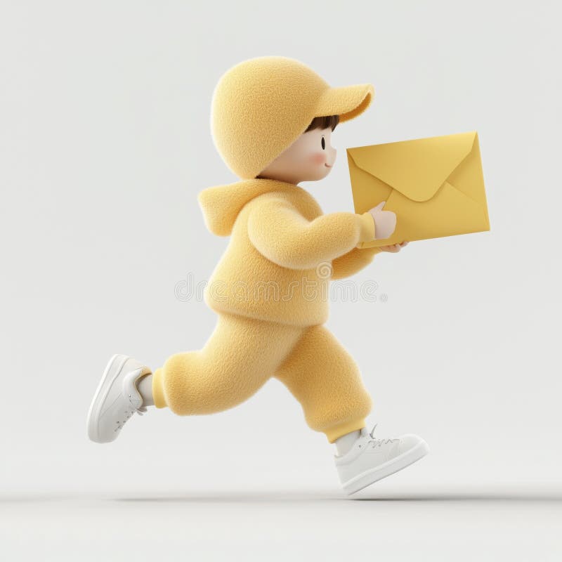 Cute Character in Yellow Outfit Delivering Envelope with Joyful Running ...