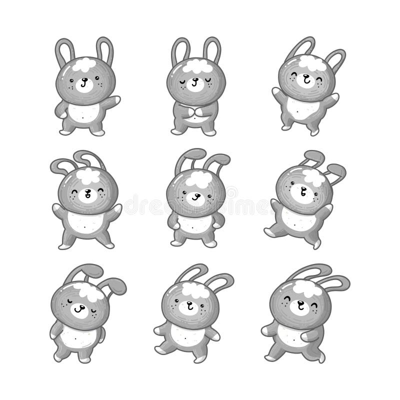 Cute Bunnies In Different Poses Cartoon Illustration Set Stock Vector