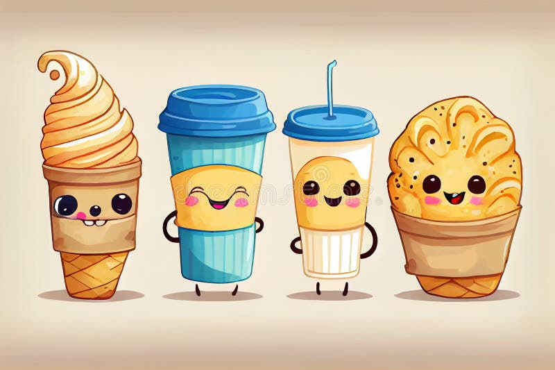 Cute Characters Coffee in Paper Cup Takeaway and Croissan Stock ...