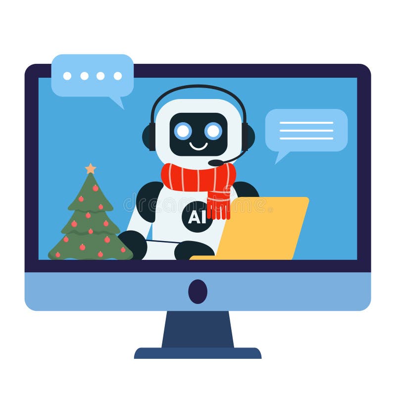 Cute Chat Bot Robot with Yellow Laptop with a Christmas Tree and a Red ... Cute Chat Bot Robot with Yellow Laptop with a Christmas Tree and a Red ...