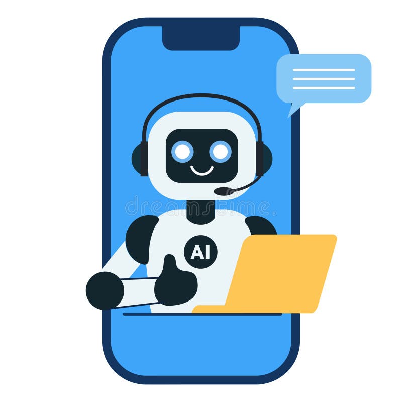 Cute Chat Bot Robot with Yellow Laptop Shows Thumbs Up on the Phone ... Cute Chat Bot Robot with Yellow Laptop Shows Thumbs Up on the Phone ...