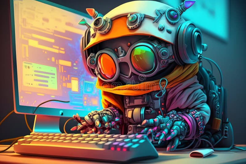 Cute Chatbot with Glasses Working with Computer in Colourful Room ...
