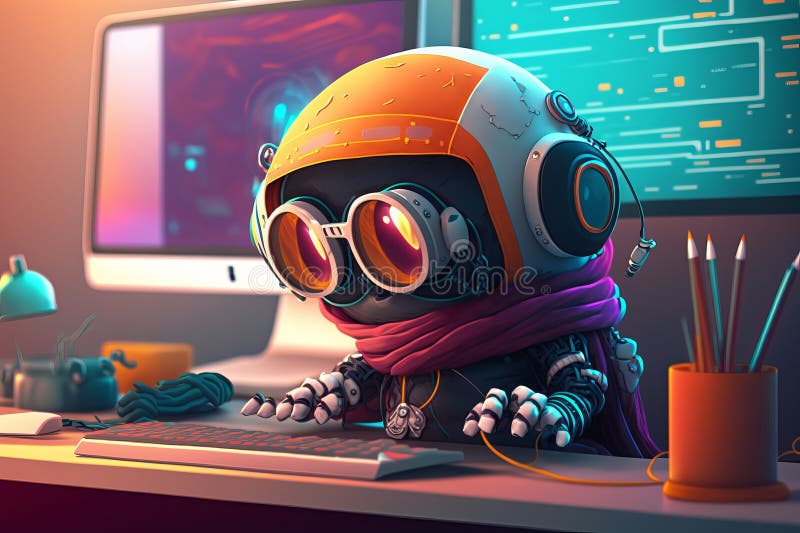 Cute Chatbot with Glasses Working with Computer in Colourful Room ...