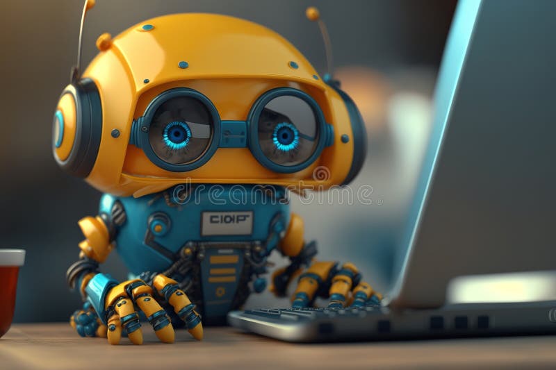 Cute Chatbot with Glasses Working with Keyboard and Computer ...