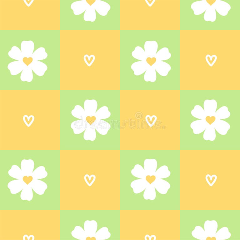 Cute Checkered Seamless Pattern with Flowers in Yellow and Green ...