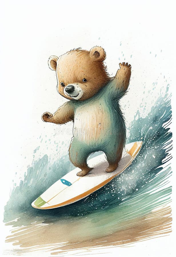 A Cute and Cheerful Bear Catching Waves. AI Generated Stock ...