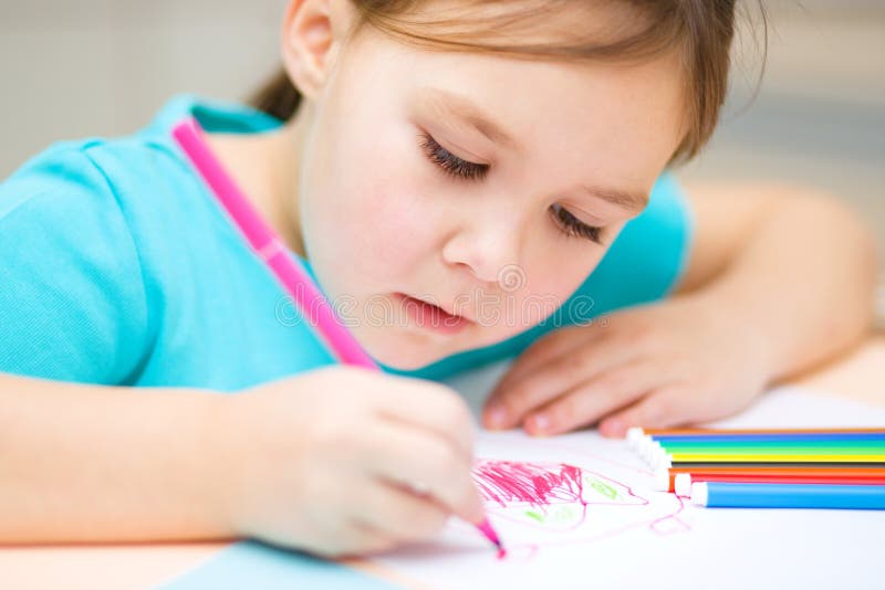 Cute Cheerful Child Drawing Using Felt-tip Pen Stock Photo - Image of ...