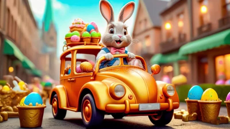 A Cute and Cheerful Easter Bunny is Carrying Easter Eggs and Sweets in ...