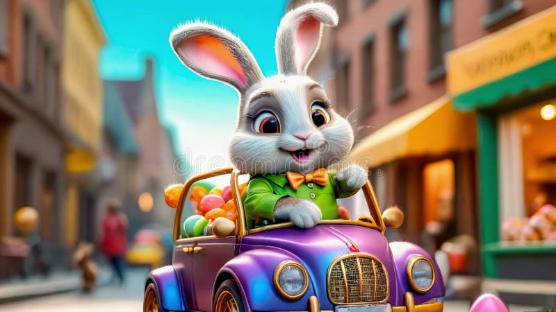 A Cute and Cheerful Easter Bunny is Carrying Easter Eggs and Sweets in ...