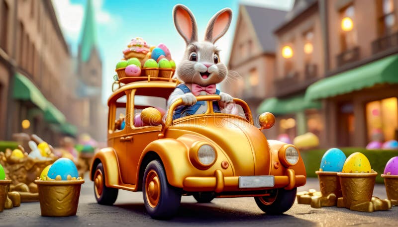 A Cute and Cheerful Easter Bunny is Carrying Easter Eggs and Sweets in ...