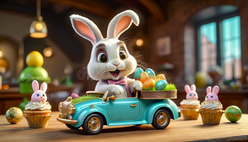 A Cute and Cheerful Easter Bunny is Carrying Easter Eggs and Sweets in ...