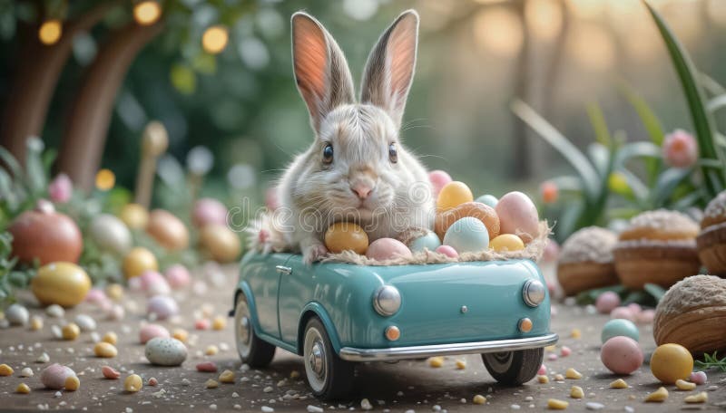A Cute and Cheerful Easter Bunny is Carrying Easter Eggs and Sweets in ...