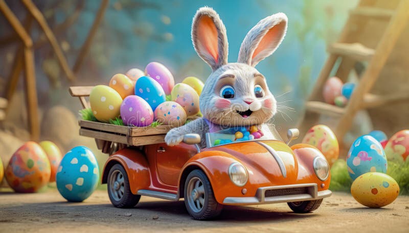 A Cute and Cheerful Easter Bunny is Carrying Easter Eggs and Sweets in ...