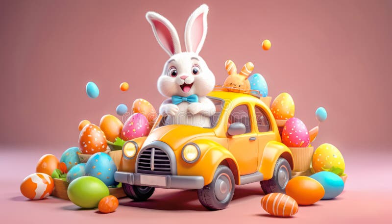 A Cute and Cheerful Easter Bunny is Carrying Easter Eggs and Sweets in ...