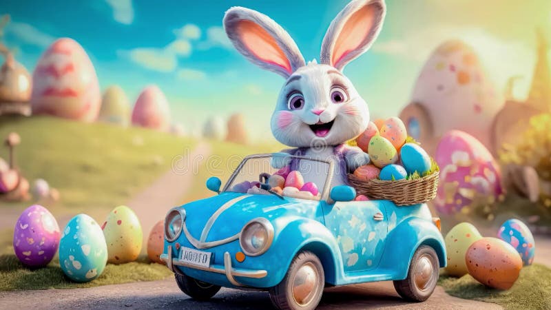 A Cute and Cheerful Easter Bunny is Carrying Easter Eggs and Sweets in ...