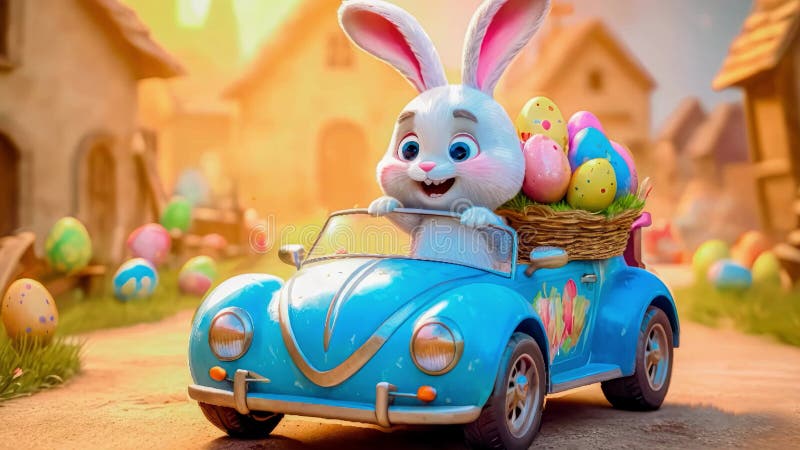 A Cute and Cheerful Easter Bunny is Carrying Easter Eggs and Sweets in ...